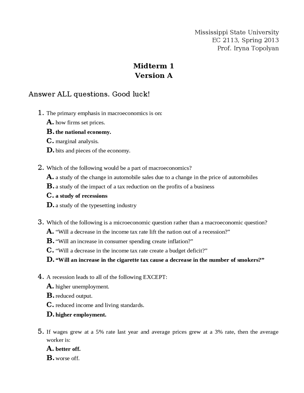 Solved Midterm 1 MCQs - Principle of Macroeconomics | EC 2113 | Exams Economics | Docsity