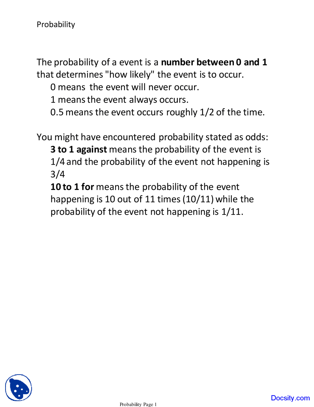 Probability - Biological and Cognitive Sciences - Lecture Notes - Docsity