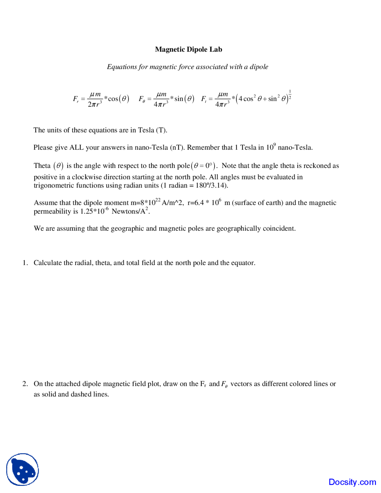 Magnetic Dipole Introduction To Geophysics Lab Docsity