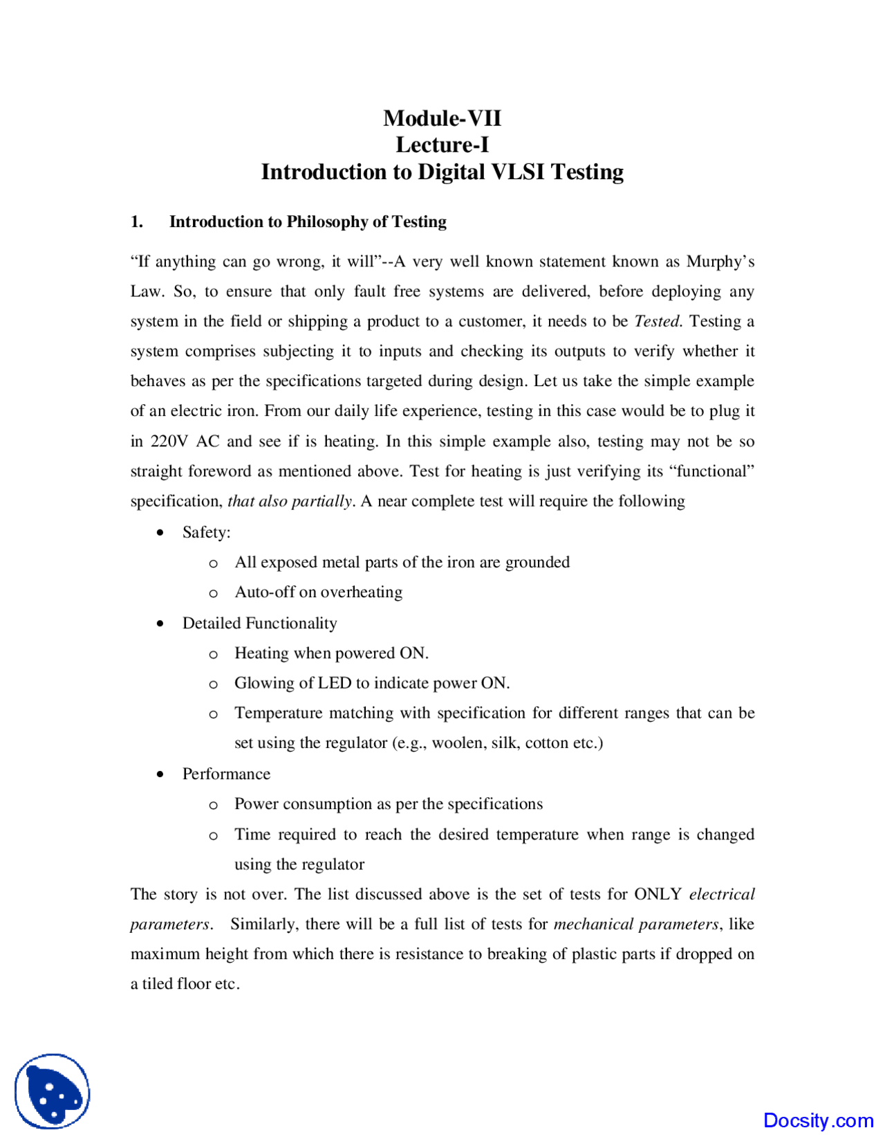 Digital Vlsi Testing Design Verification And Test Lecture Notes Docsity
