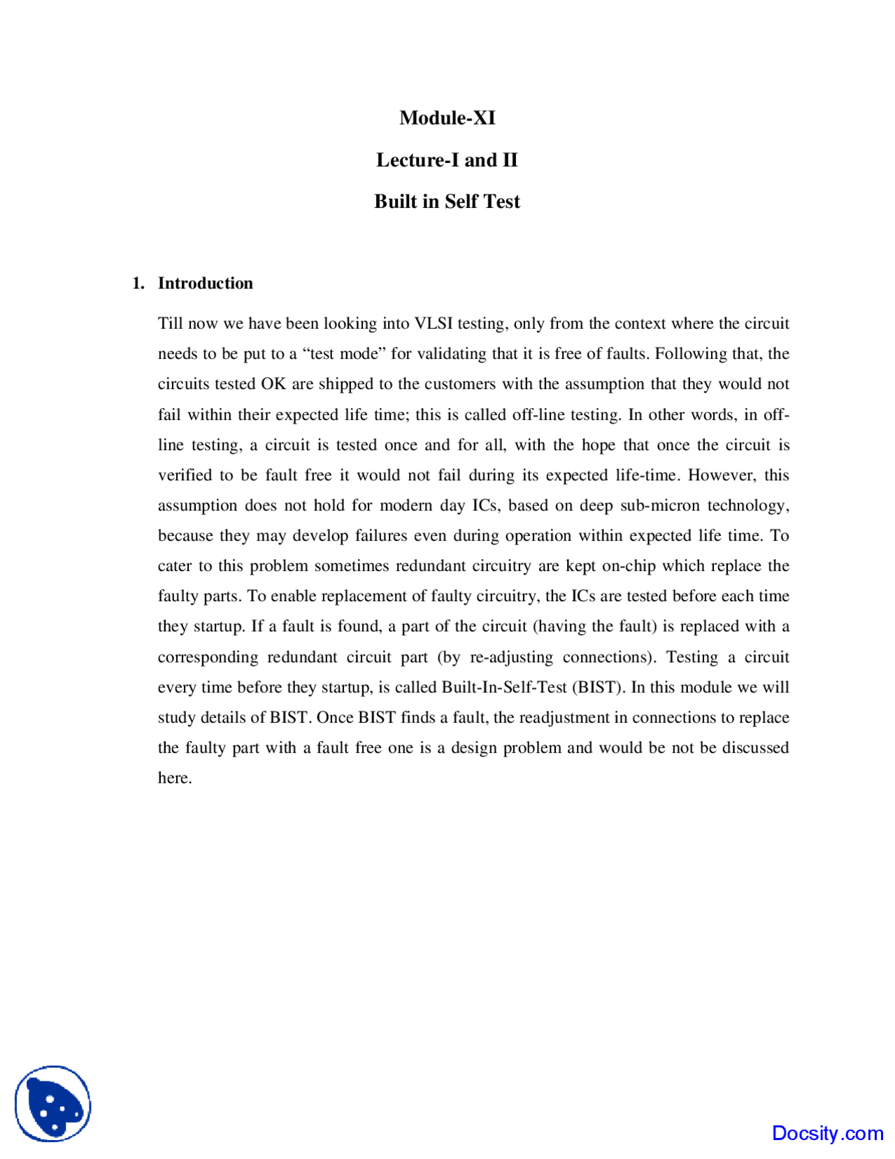 Built In Self Test Design Verification And Test Lecture Notes Docsity