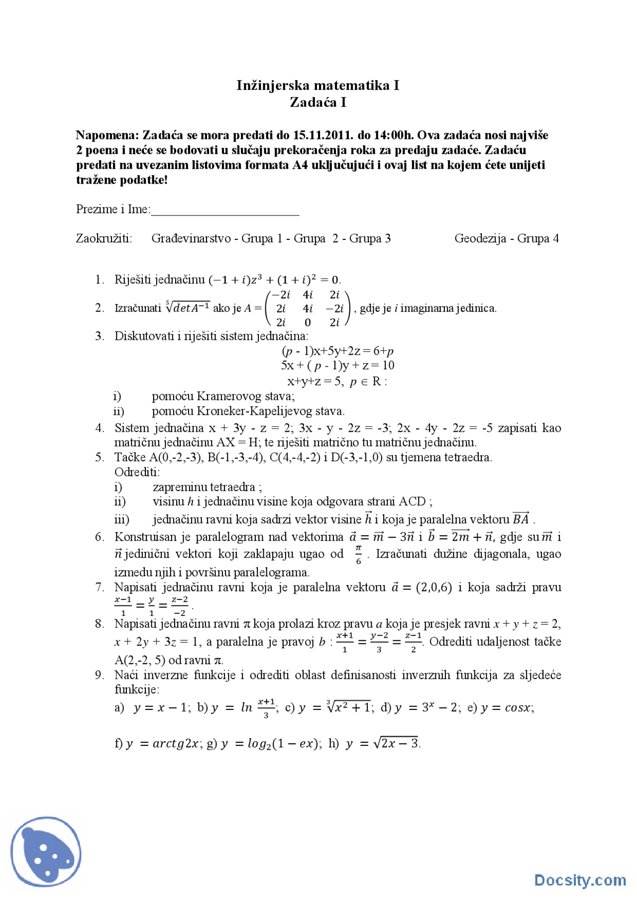 Zadaca I i II iz IM1 za 2011 2012 -Gradjevinski fakultet-Zadaci-Skripta-Matematika 2 | Rezime ...