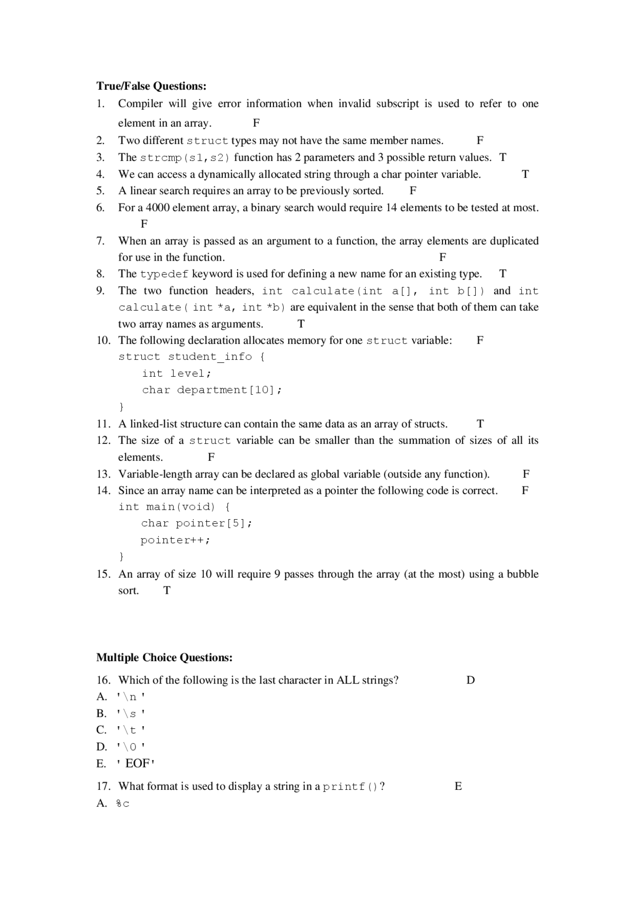 Questions with Solutions - Structured Programs in C | CSCE 206 - Docsity