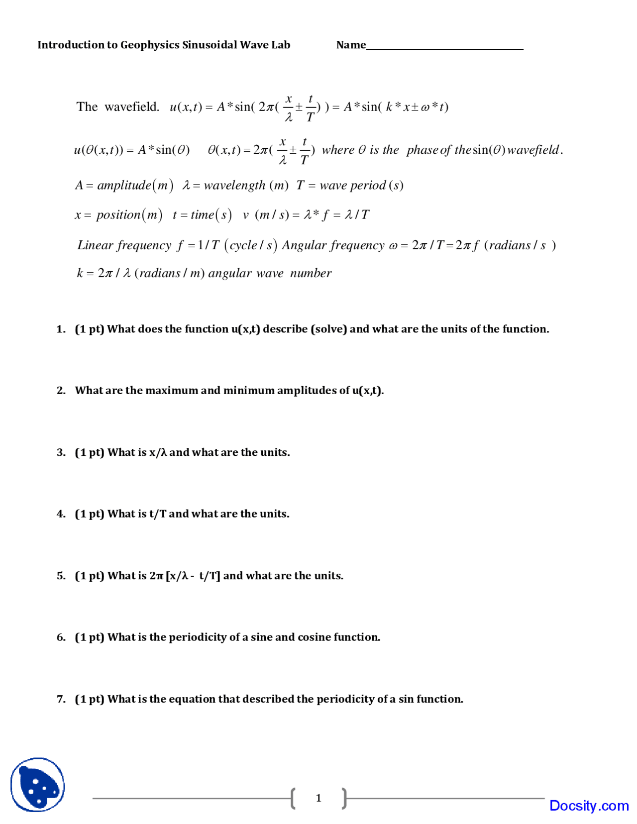 Sinusoidal Wave - Introduction to Geophysics - Lab | Exercises Geology ...