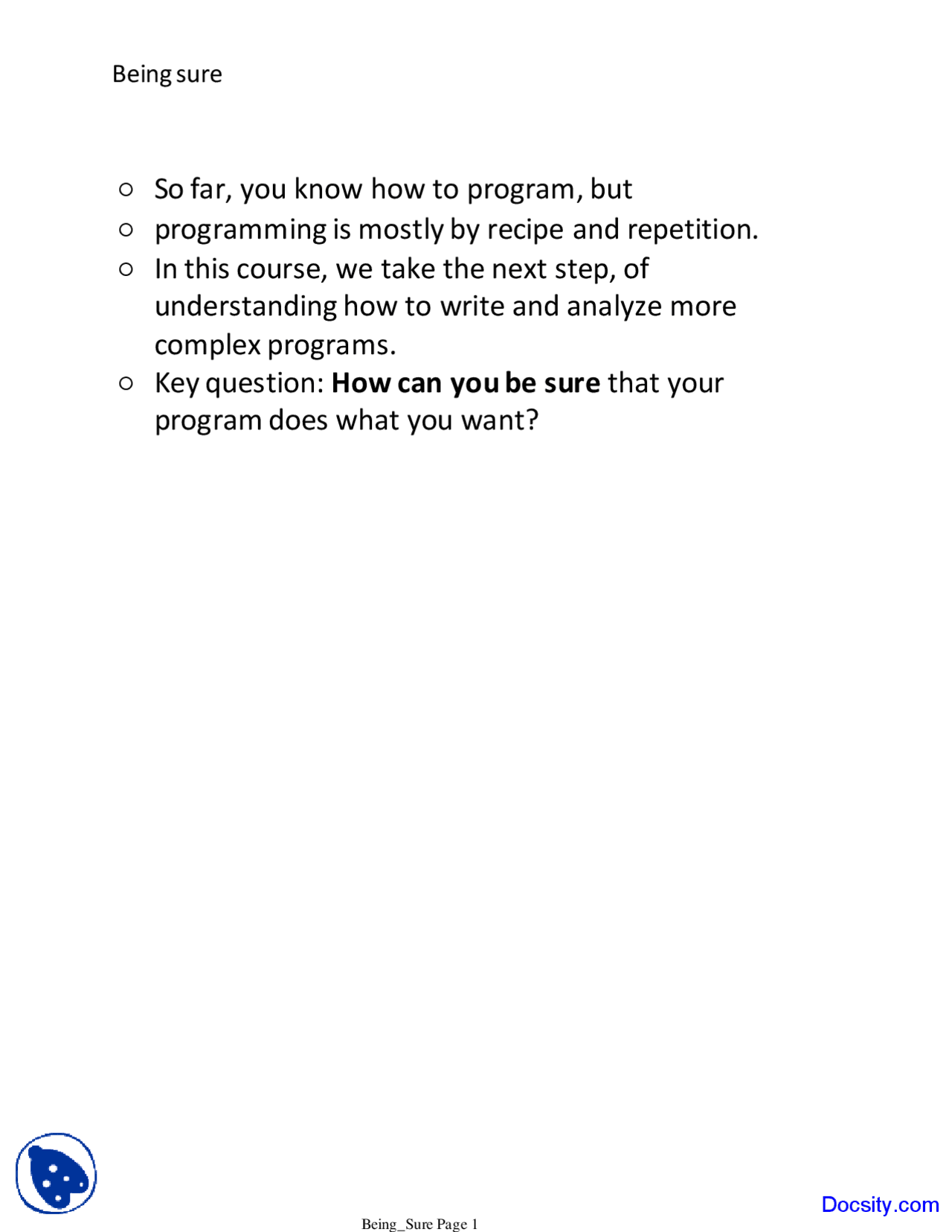 Being Sure Biological And Cognitive Sciences Lecture Notes Docsity