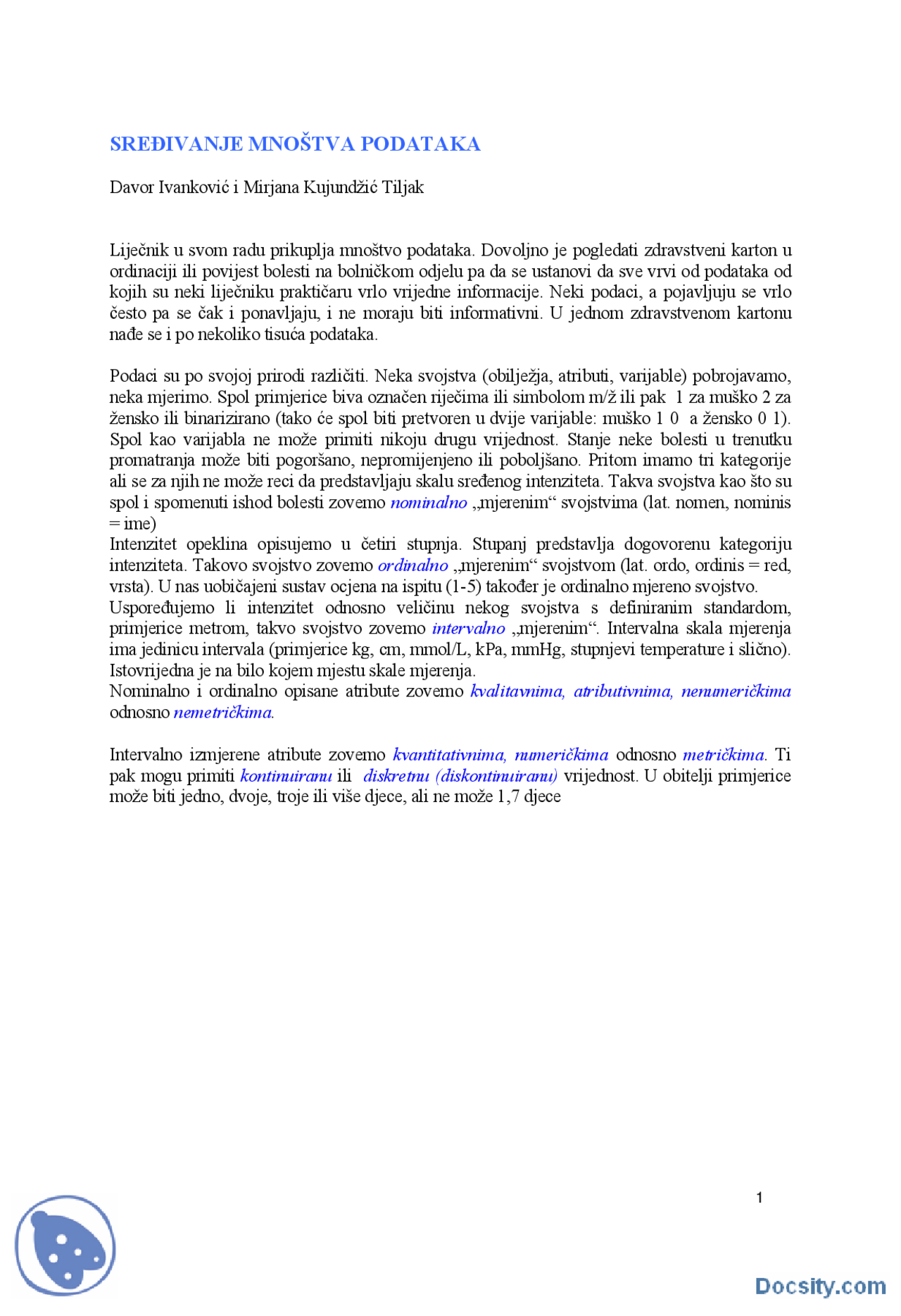 Sređivanje mnoštva podataka-Beleska-Statistika i informatika-Medicina | Beleške' predlog Osnovi ...