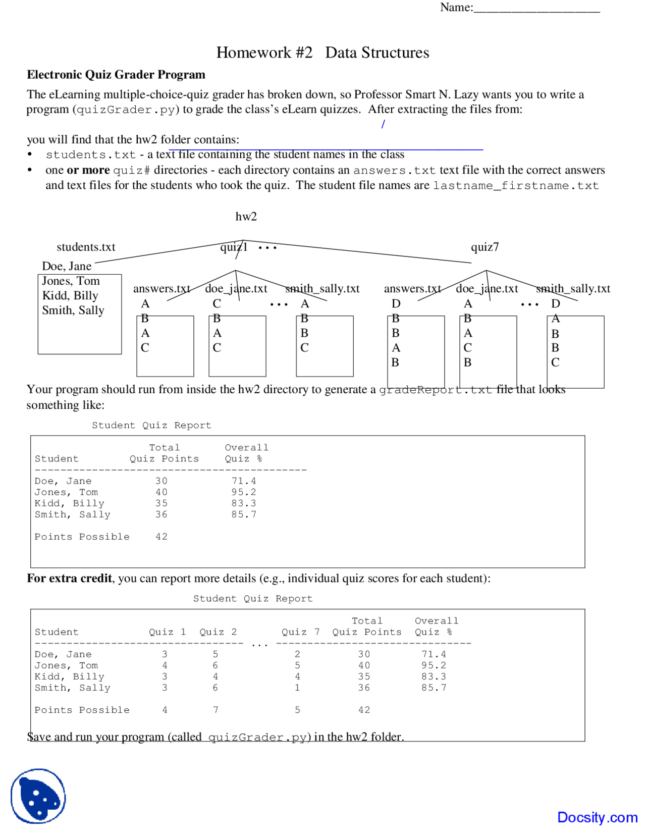 Electronic Quiz Data Structures Homework Docsity