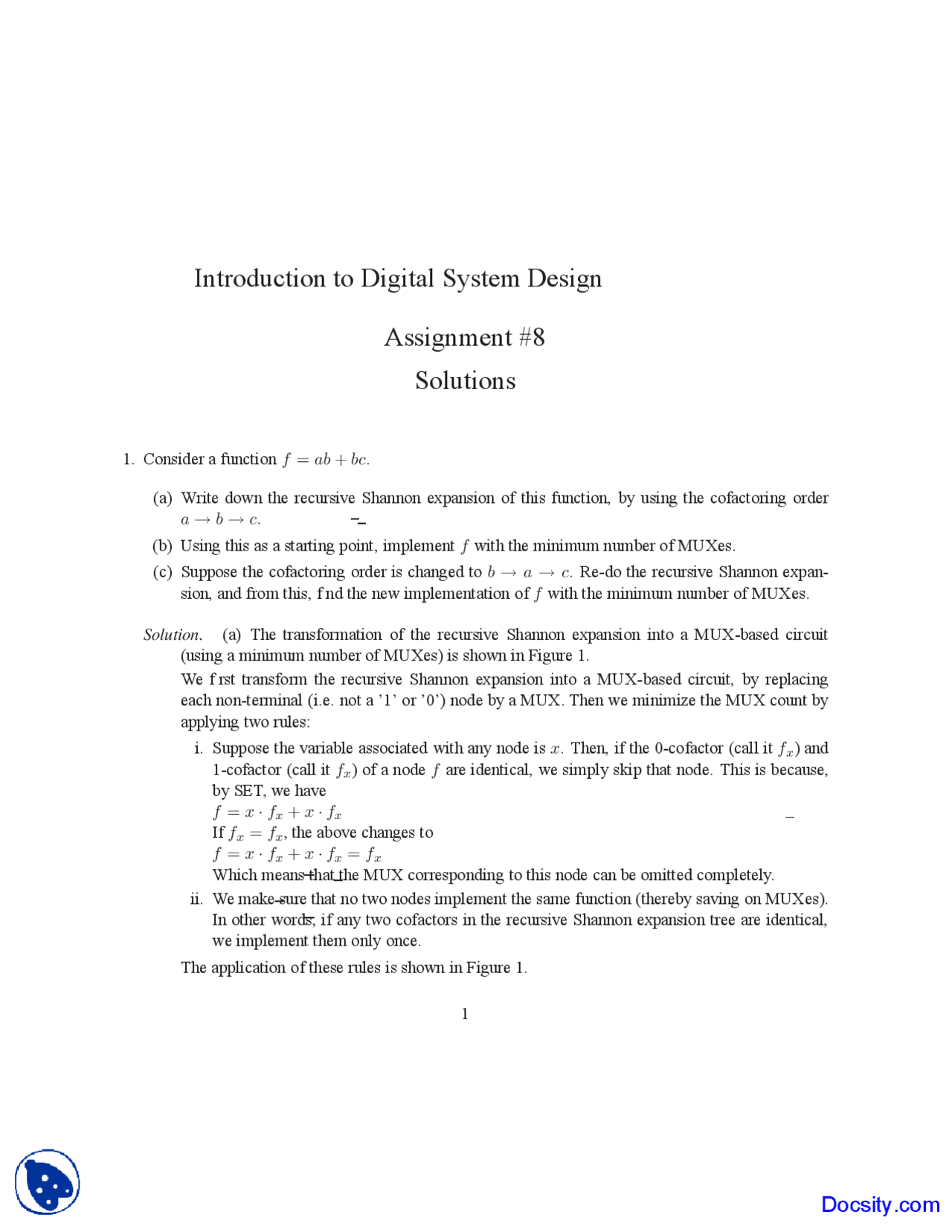 Shannon Expansion Introduction To Digital Systems Desig Homework