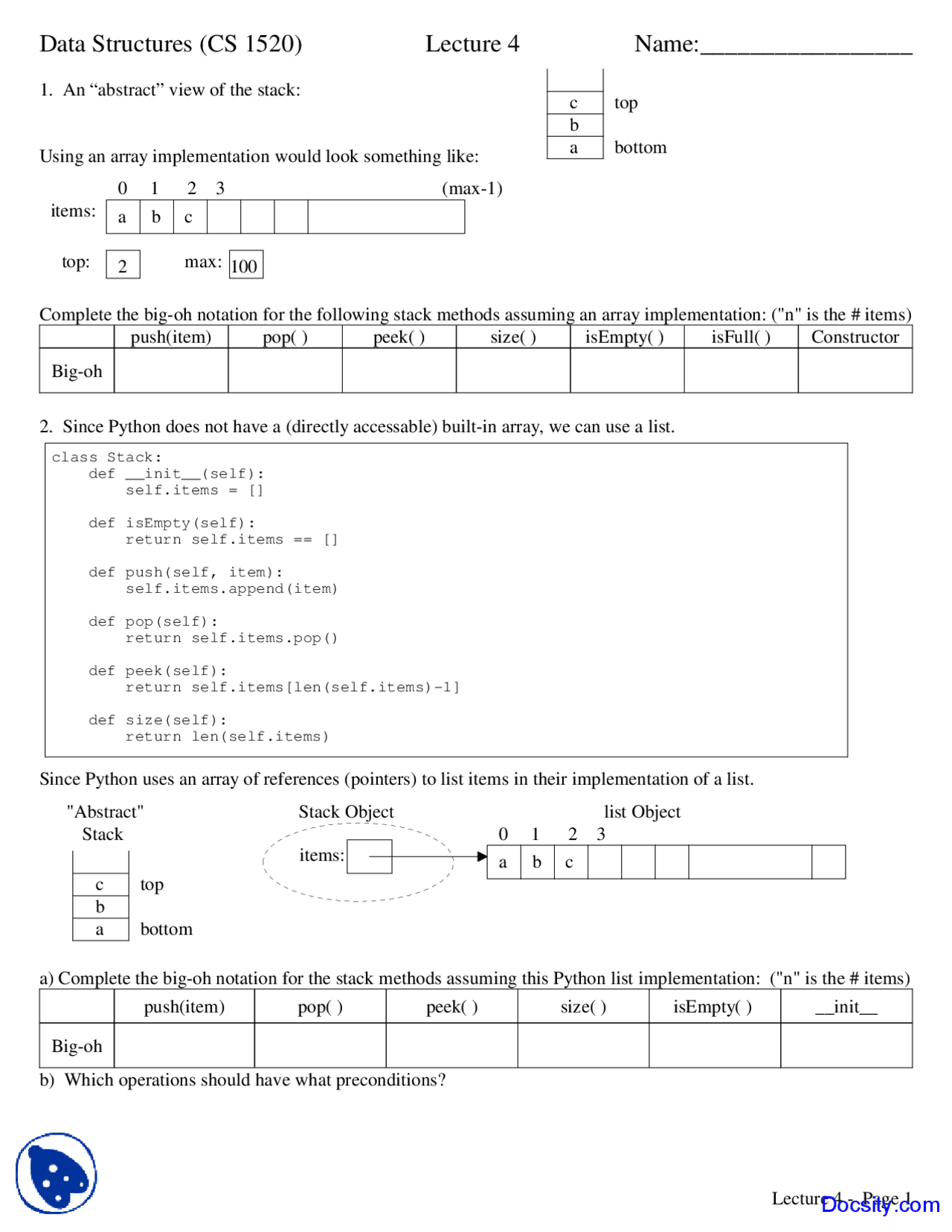 Abstract Data Structures Lecture Notes Docsity