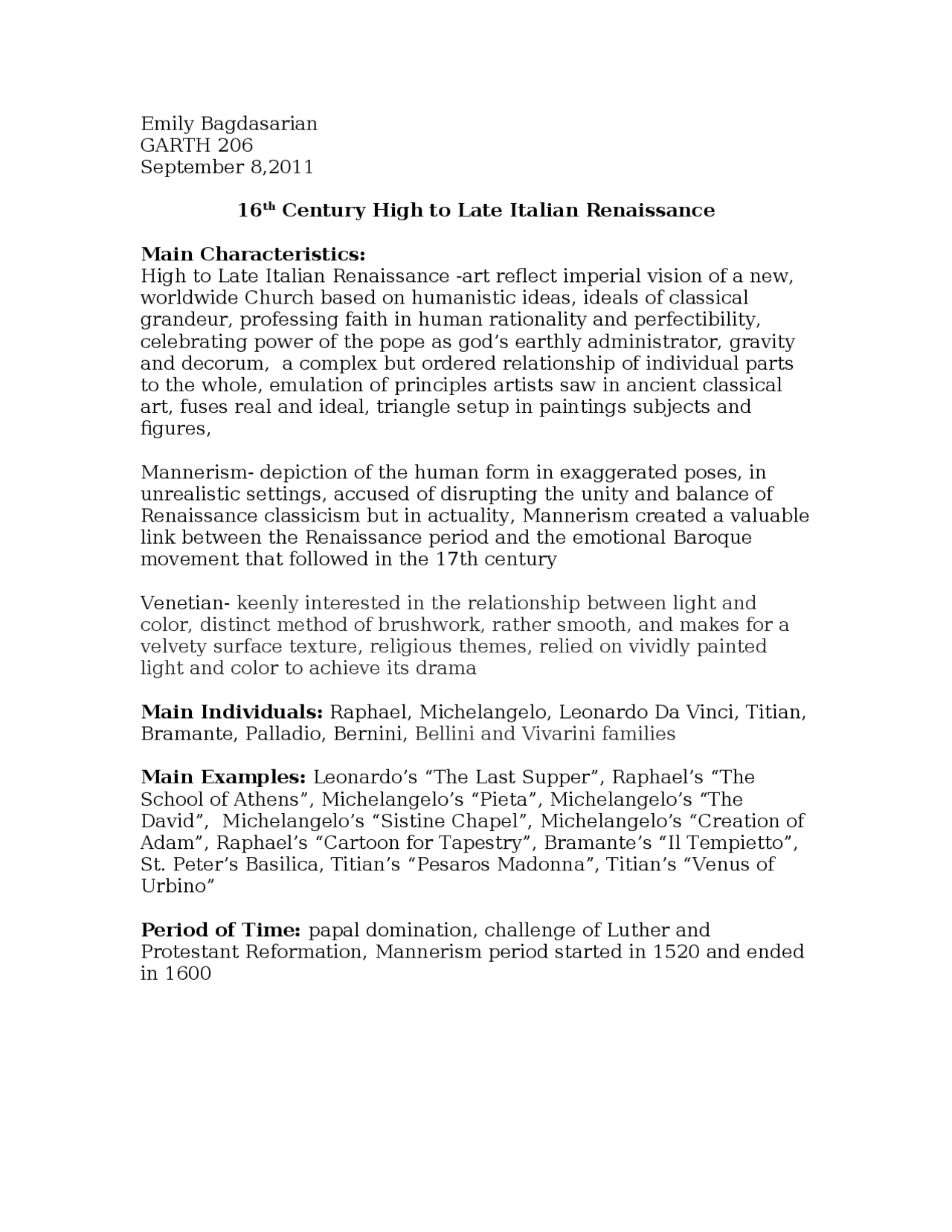 16th Century High to Late Italian Renaissance - Lecture Notes | GARTH ...