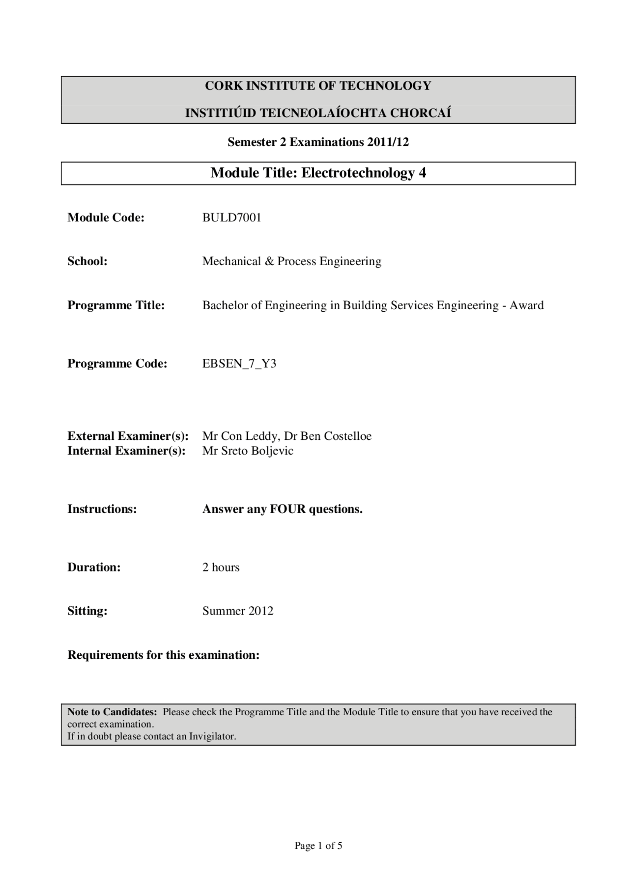 Electrotechnology Exam Document, Building Services Engineering, CIT, 2011-12 | Exams Electrical ...