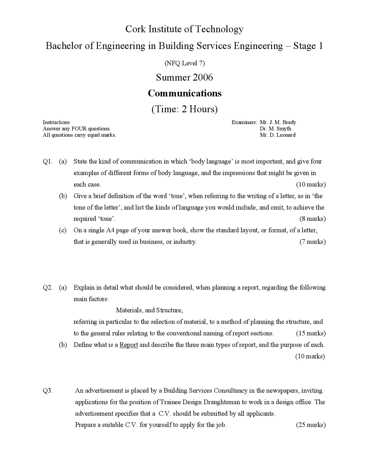Civil Engineering - Communications - Past Exam Paper - Docsity