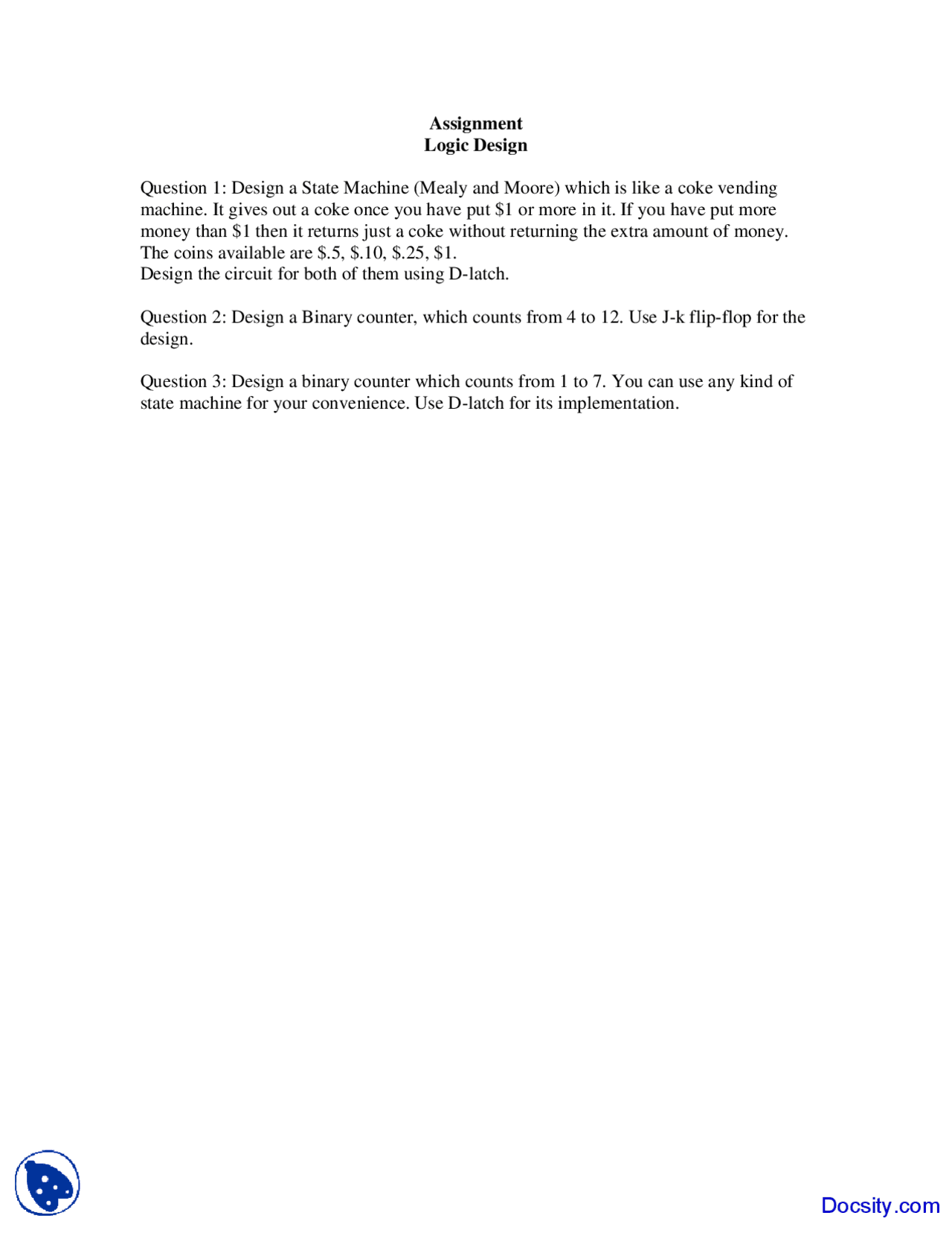 Binary Counter Introduction To Logic Design Assignment Questions Docsity