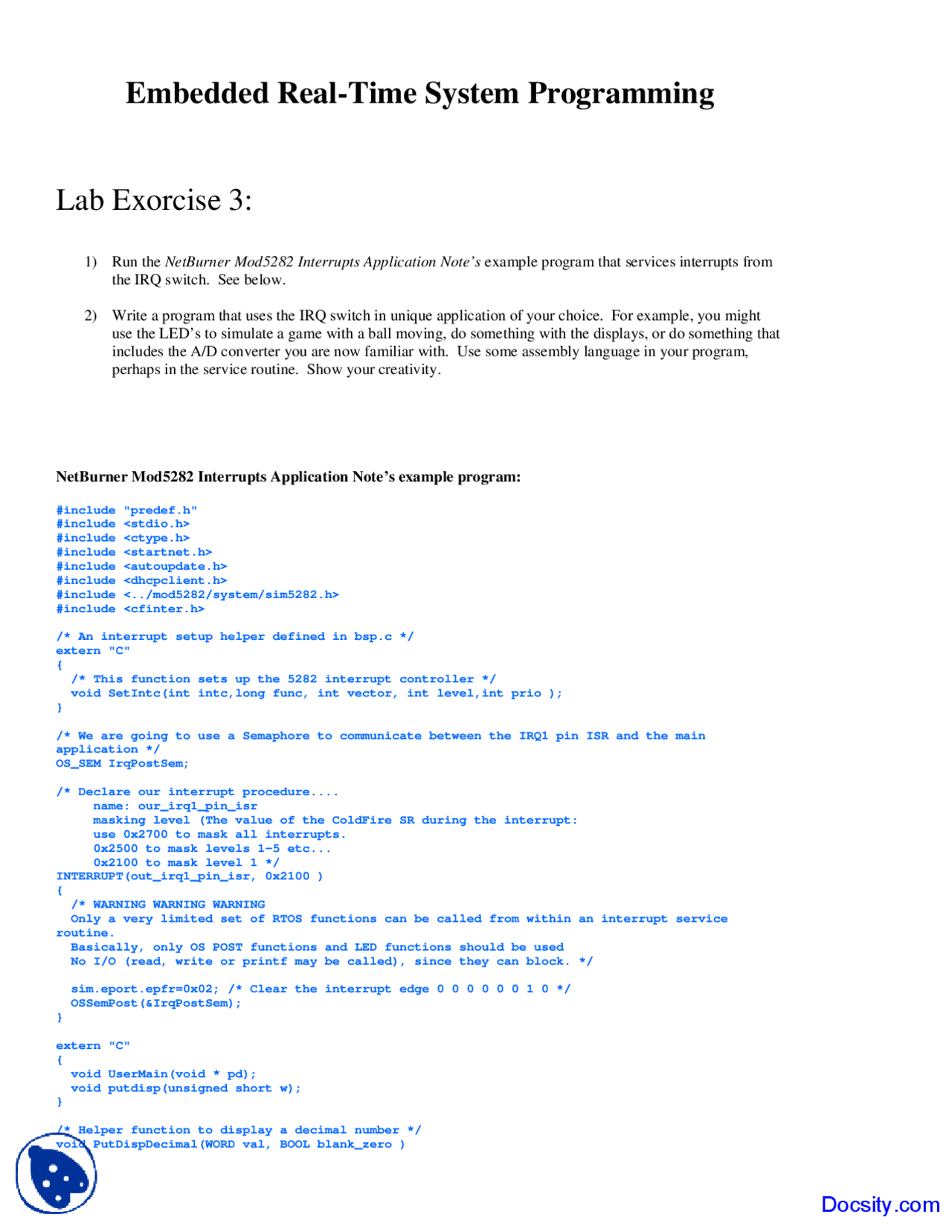 Netburner Embedded Real Time System Programming Lab Docsity
