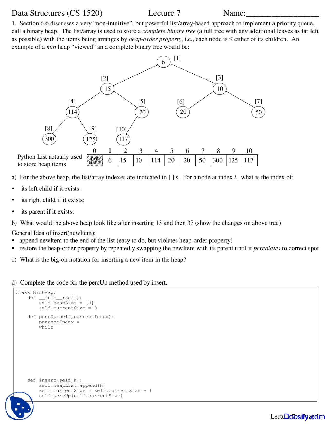 Complete Binary Tree Data Structures Lecture Notes Docsity