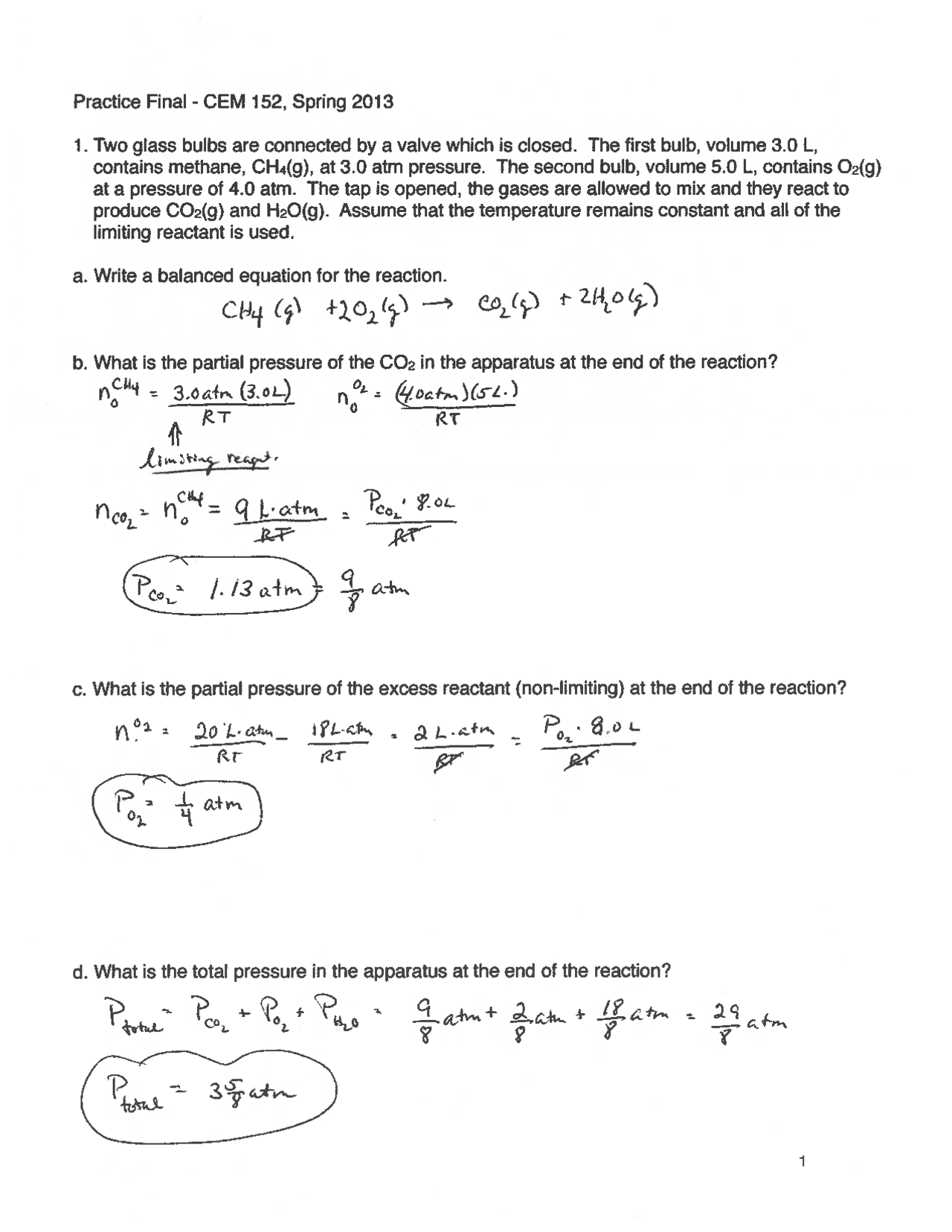 Solved Practice Questions For Final Principles Of Chemistry Cem 152