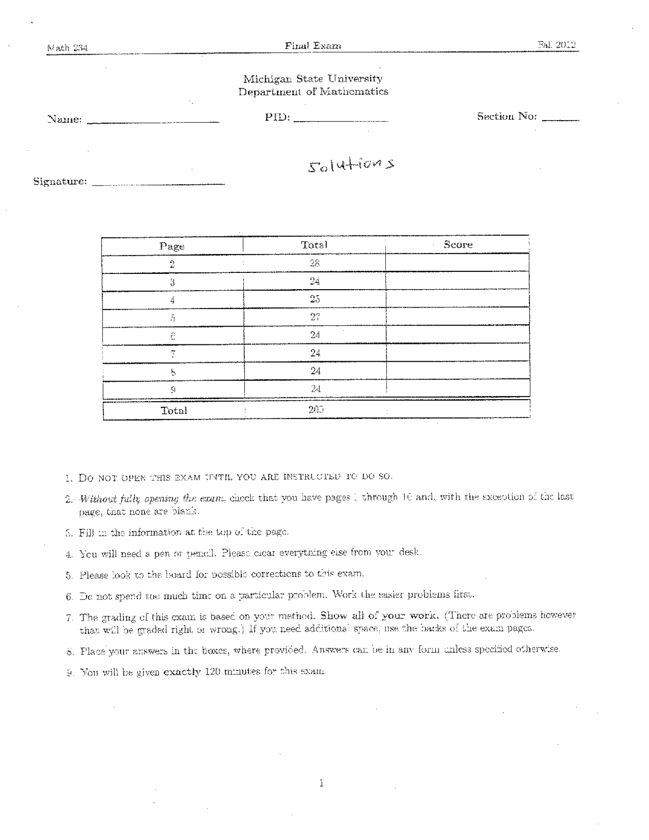 Final Exam Questions With Solutions Multivariable Calculus Mth 234