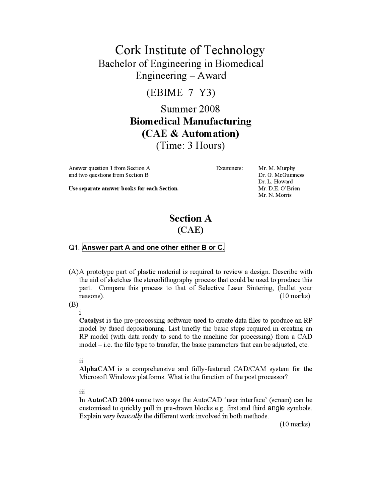 Pro Engineer Wildfire Cad And Automation Past Exam Paper Docsity