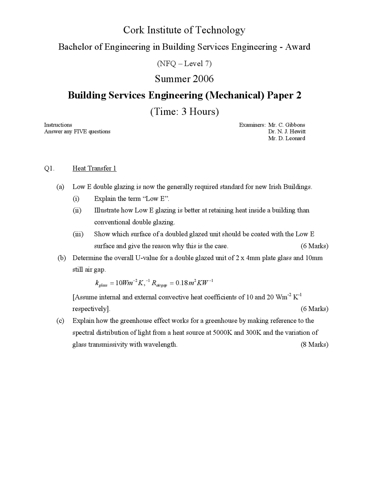 Building Services Engineering Exam: Heat Transfer, Heat Exchangers, and ...
