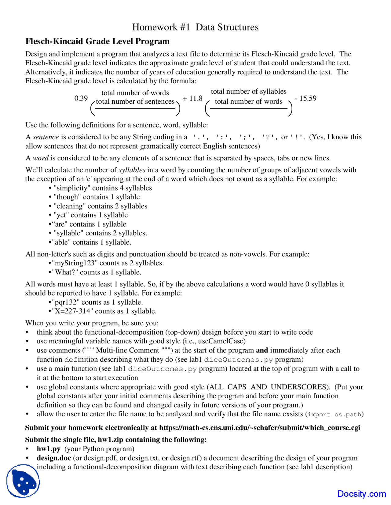 Flesch-Kincaid - Data Structures - Homework - Docsity