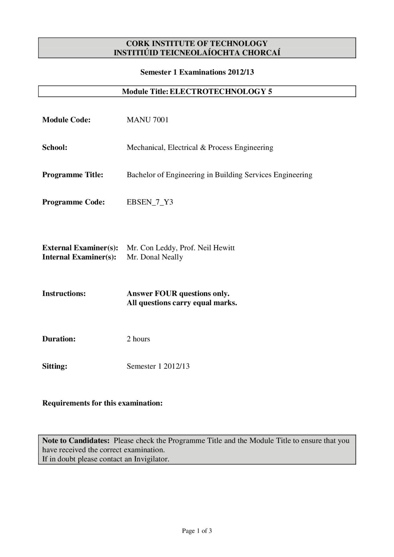 Factors Need Electrotechnology Past Exam Paper Docsity