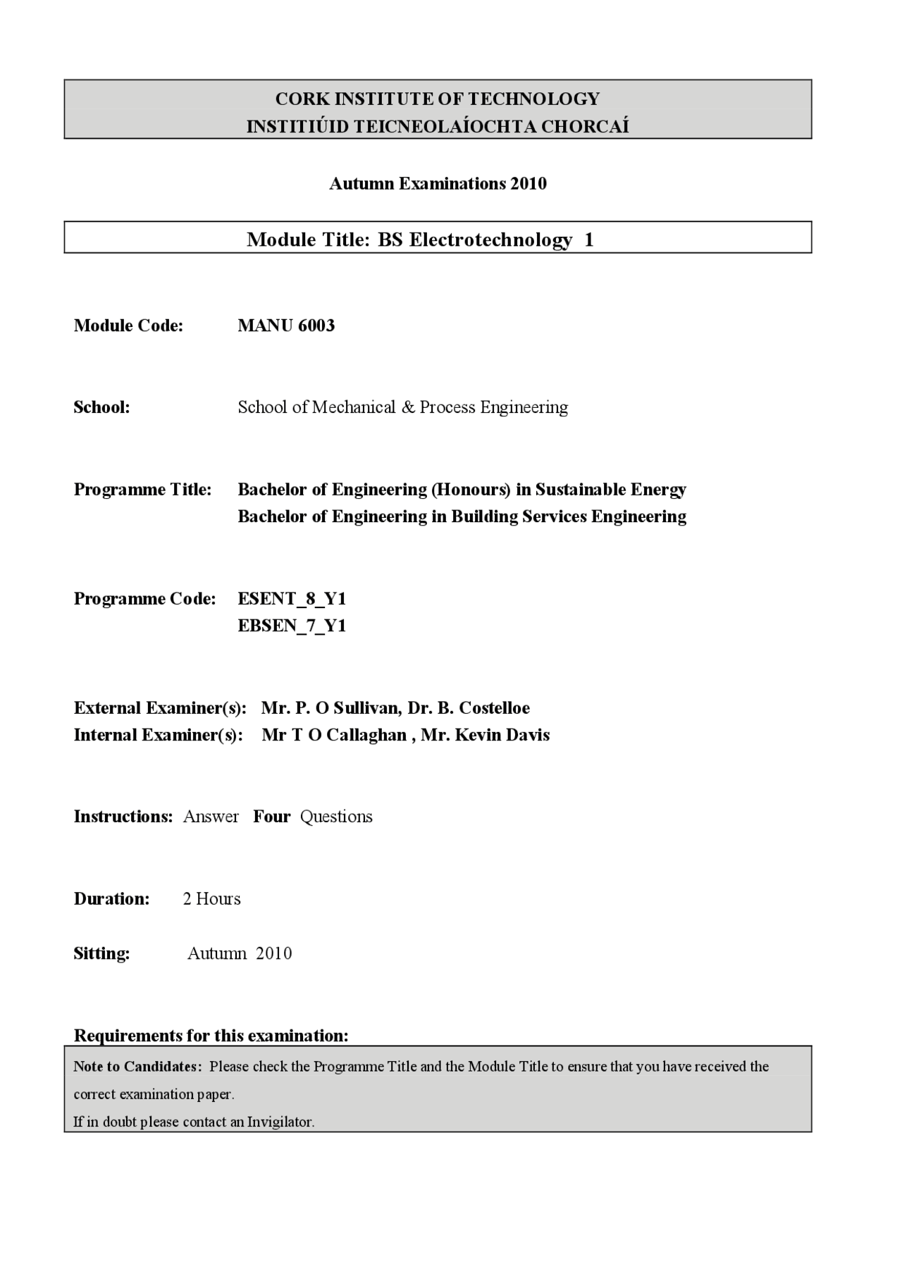 Power Rating Electrotechnology Past Exam Paper Docsity