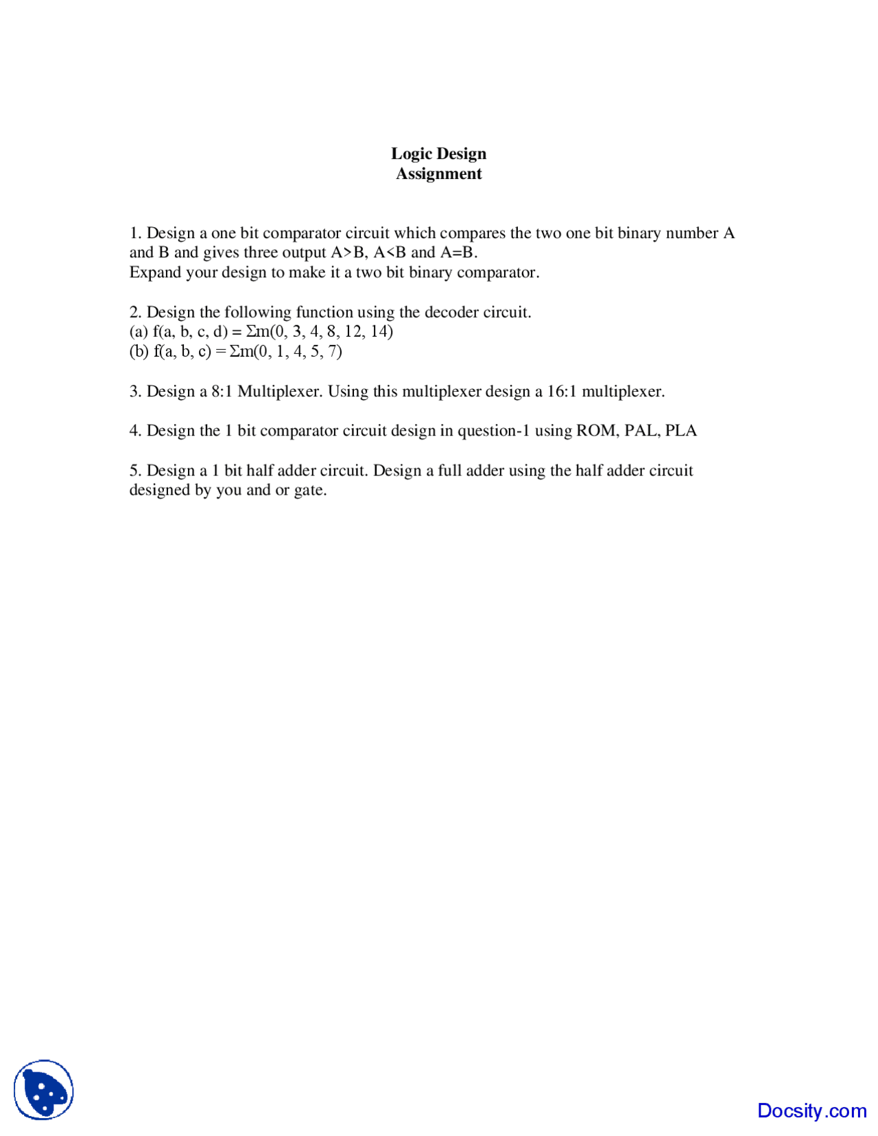 Comparator Circuit Introduction To Logic Design Assignment