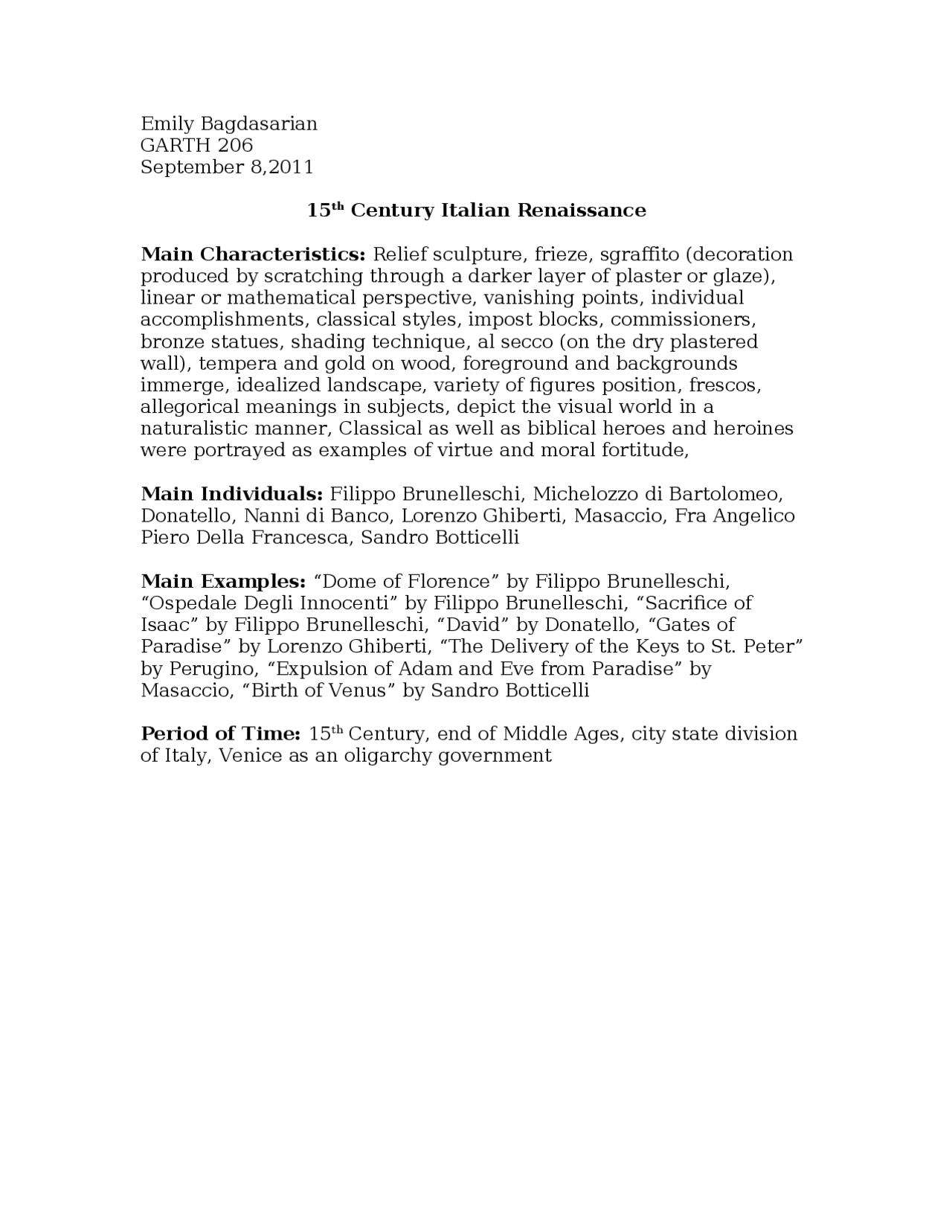 15th Century Italian Renaissance - Notes | GARTH 206 - Docsity