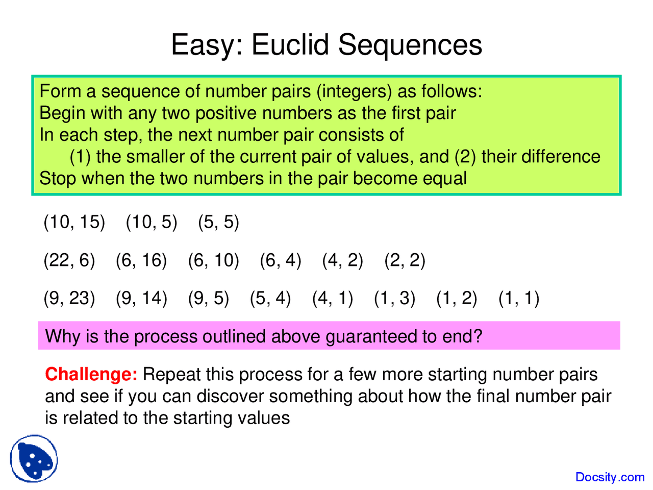 Euclid Sequences - Computer Engineering - Lecture Slides - Docsity
