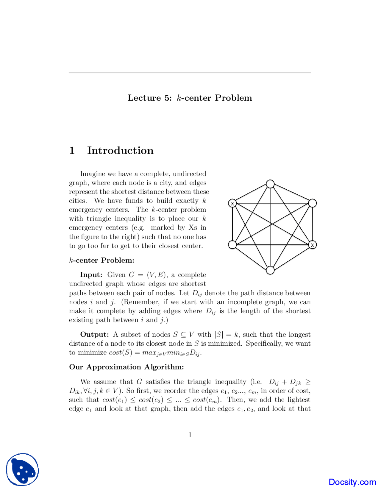 Center Problem Advanced Algorithms Lecture Notes Docsity