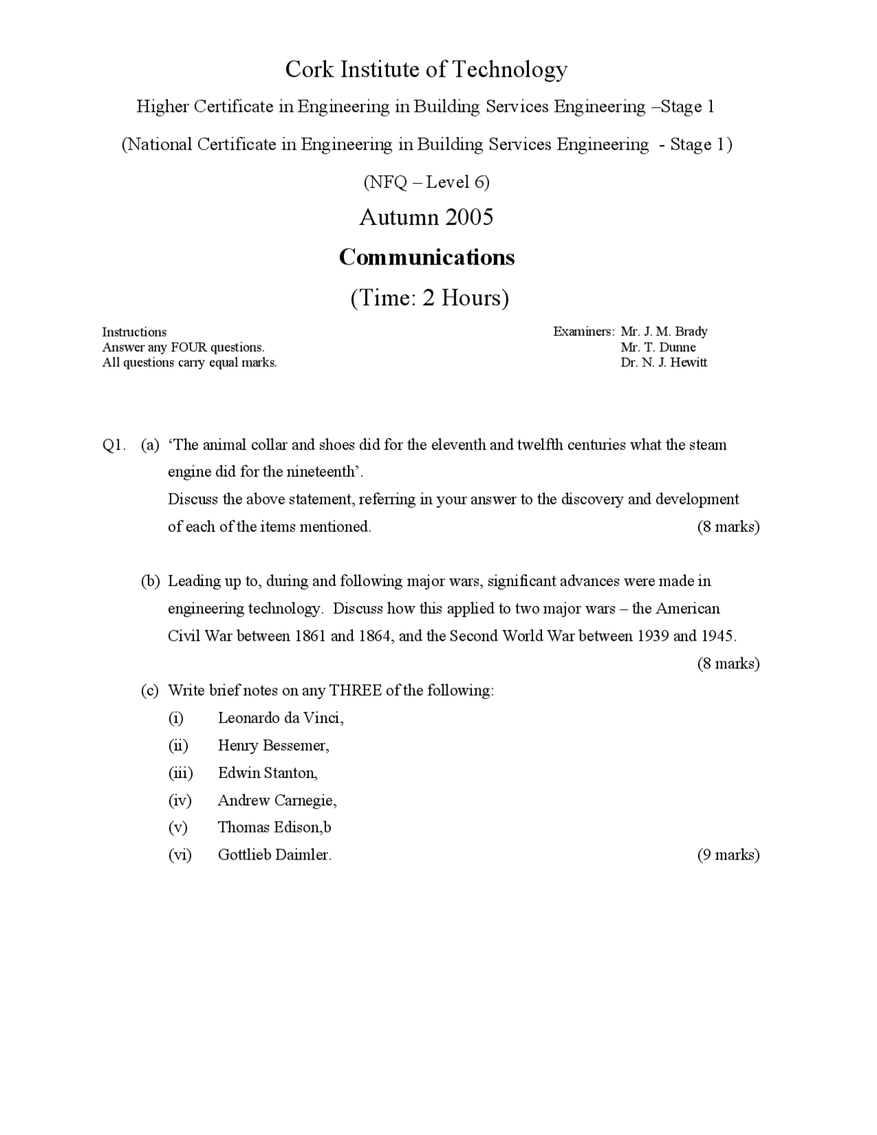 Engineering Exam: Building Services Engineering - Communications ...