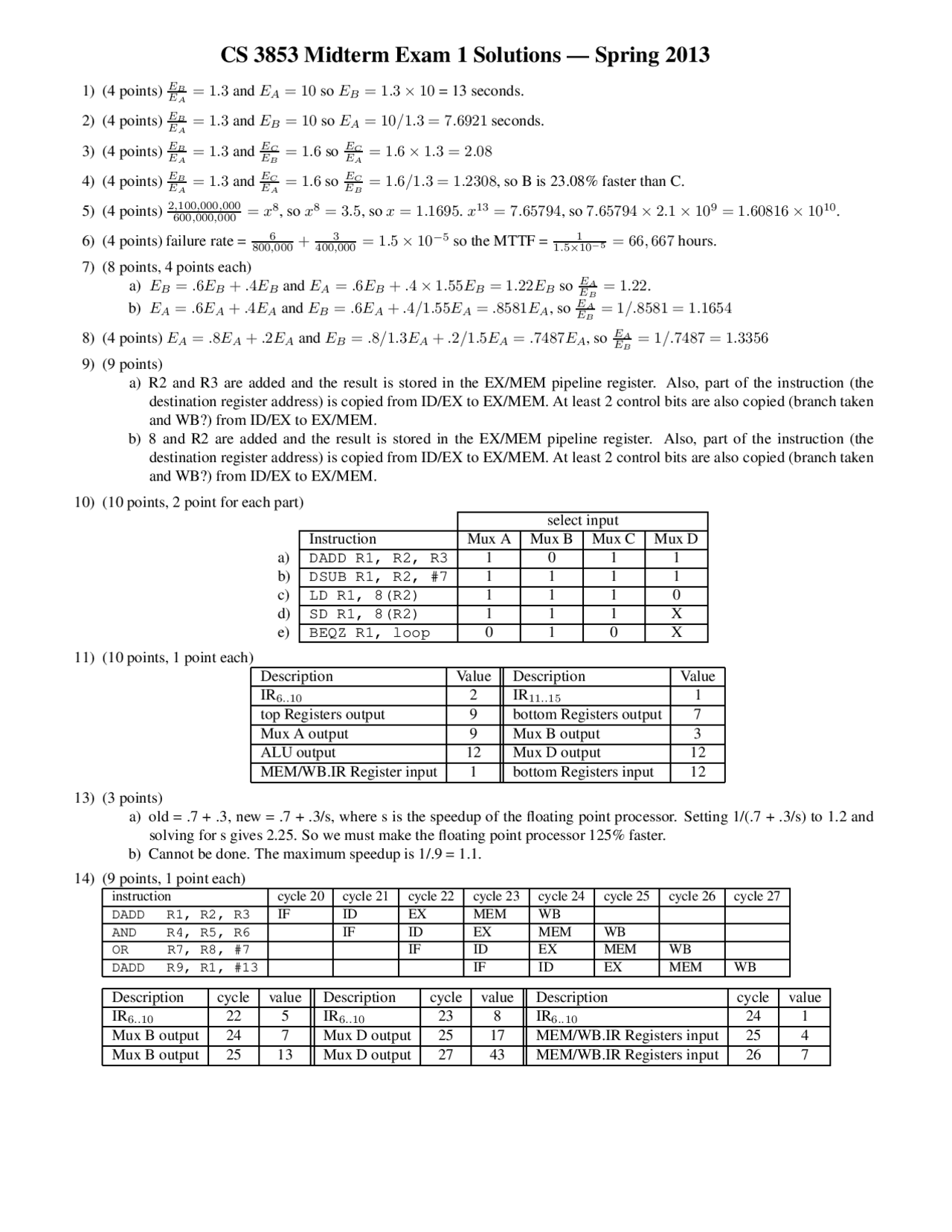 Midterm Exam 1 Solutions Computer Architecture Cs 3853 Exams