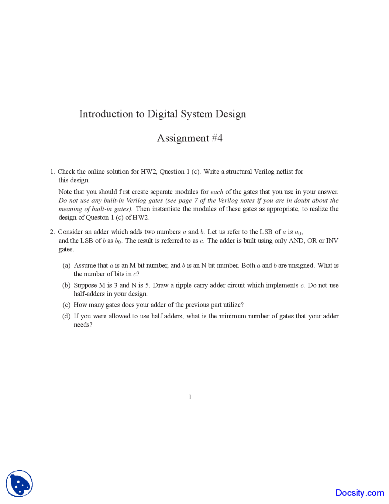 Verilognetlist - Introduction to Digital Systems Design - Homework Questions - Docsity