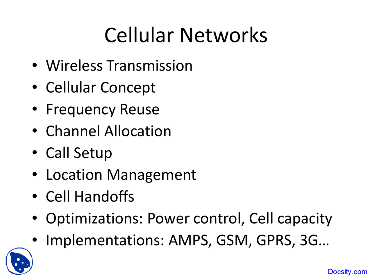 Cellular Networks Mobile Communications Lecture Slides Slides