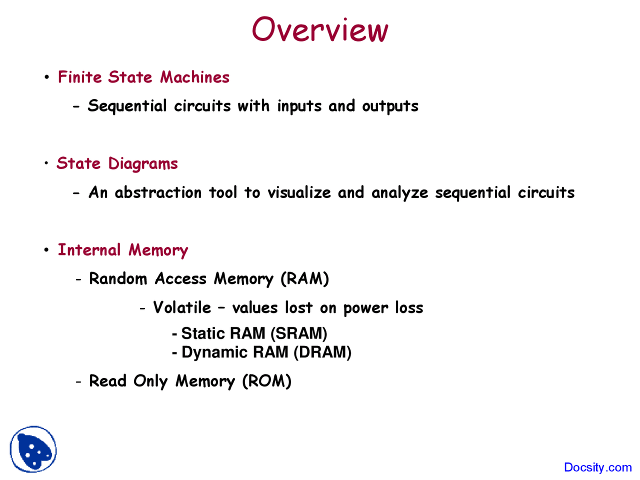 Finite State Machines Machine Organization Lecture Slides Docsity