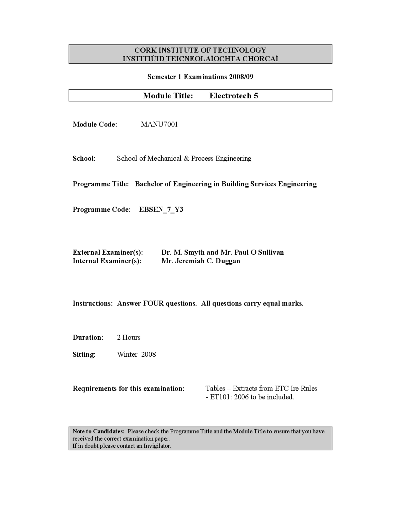 Supply Intake - Electrotechnology - Past Exam Paper - Docsity