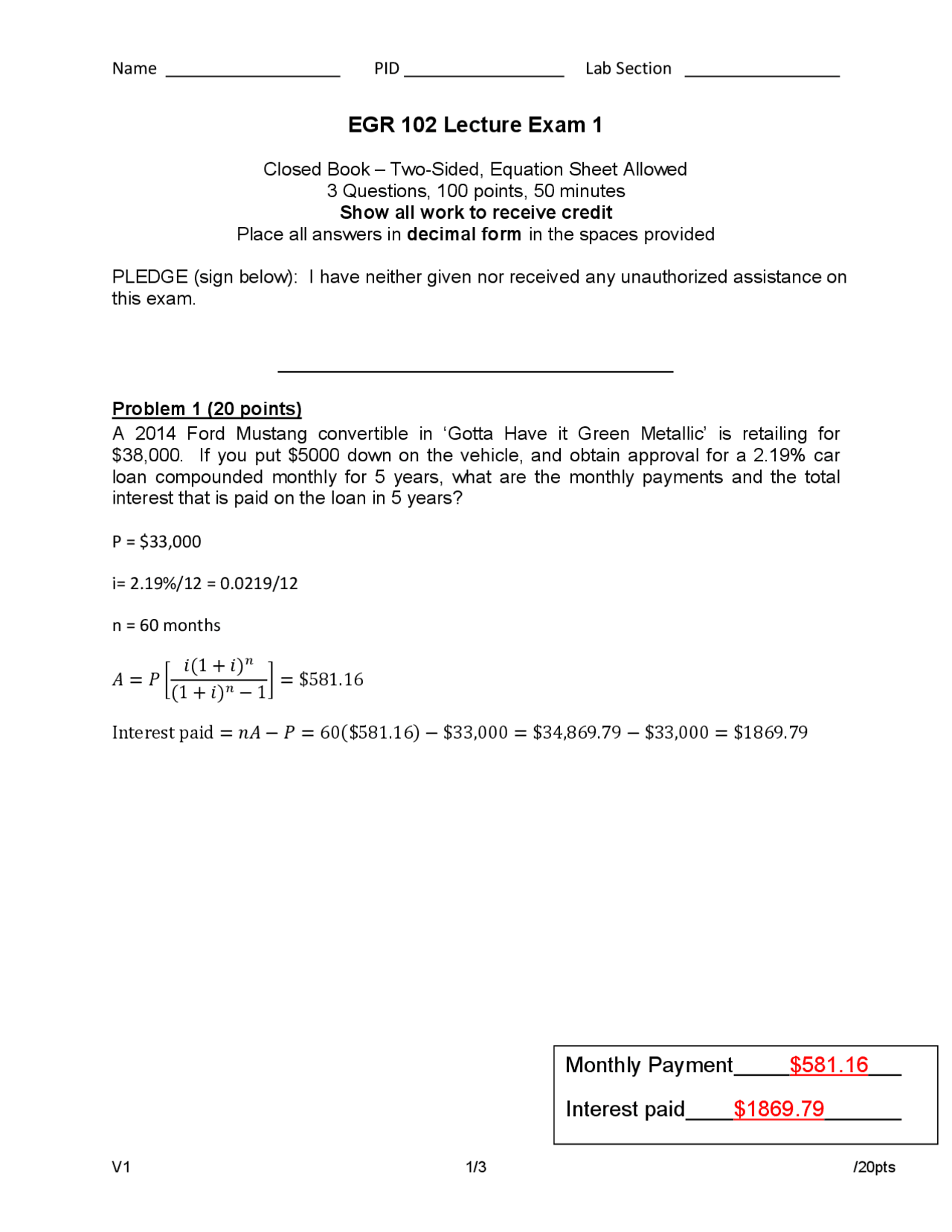 Exam 1 Solutions Introduction To Engineering Modeling Egr 102 Docsity