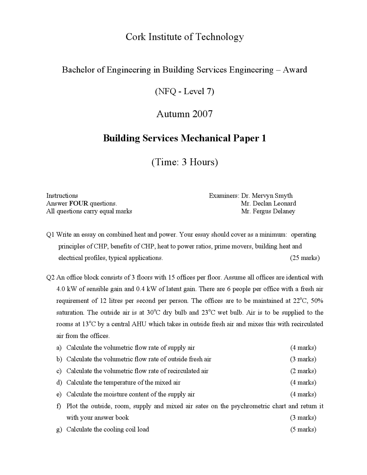 Steam Power - Building Services - Mechanical - Past Exam Paper - Docsity