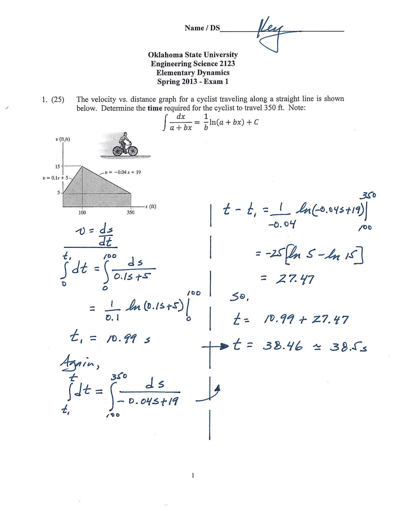 Exam 1 with Solution - Elementary Dynamics | ENSC 2123 - Docsity