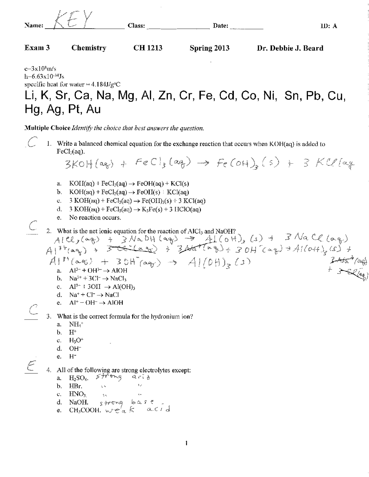 Examination 3 Answers Key - Chemistry I | CH 1213 - Docsity