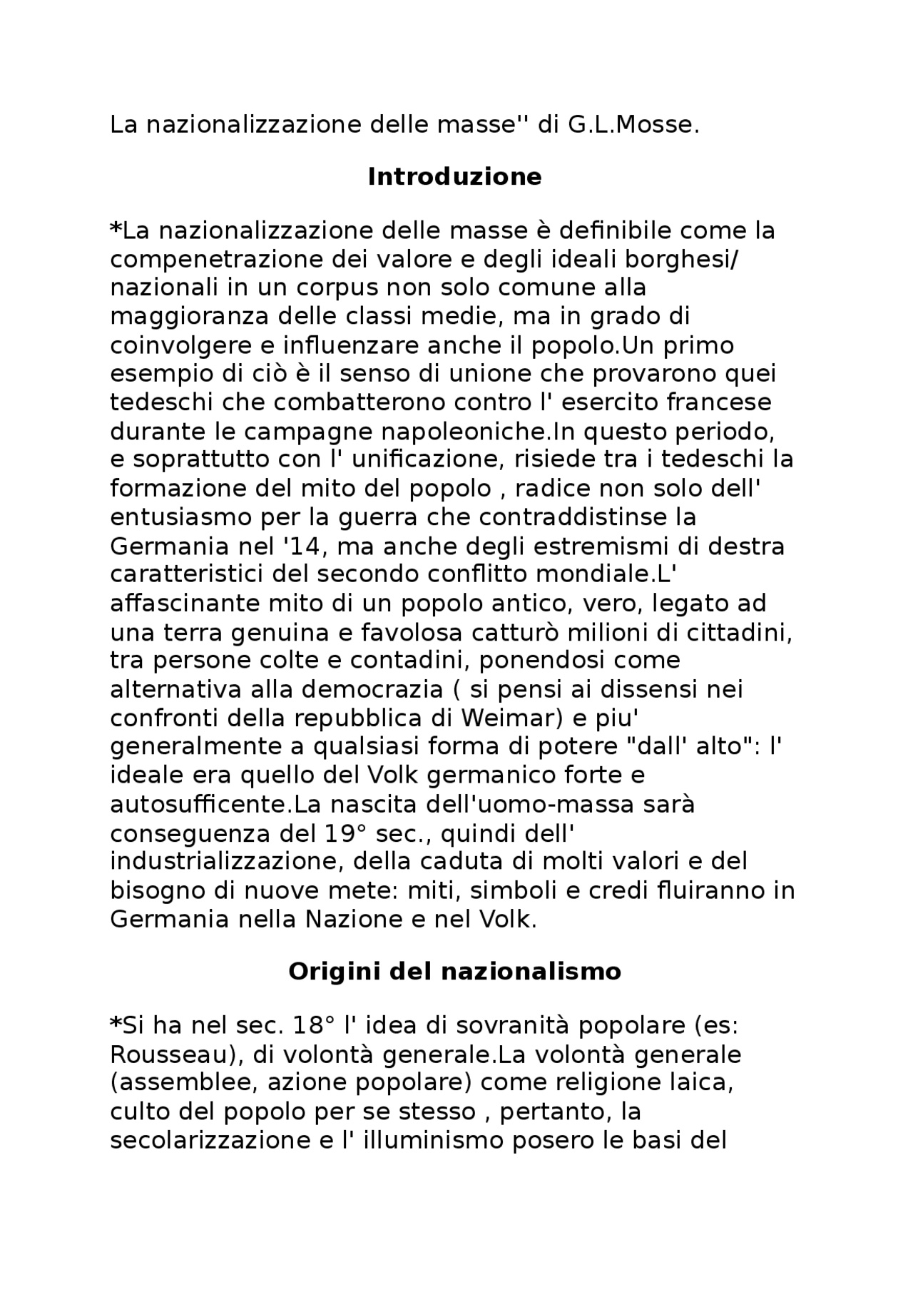 La nazionalizzazione delle masse Mosse - Docsity