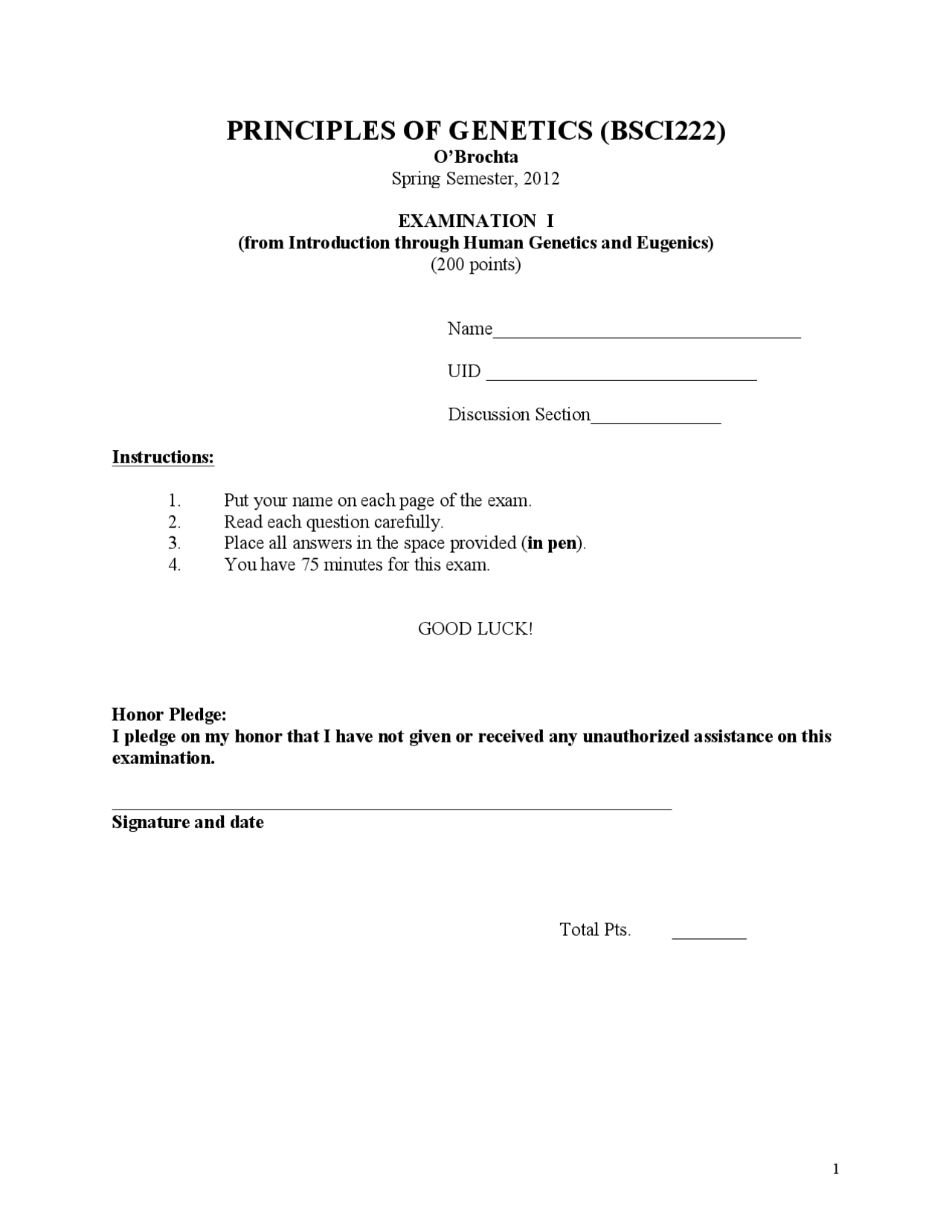 Solved Exam 1 For Principles Of Genetics Bsci 222 Docsity