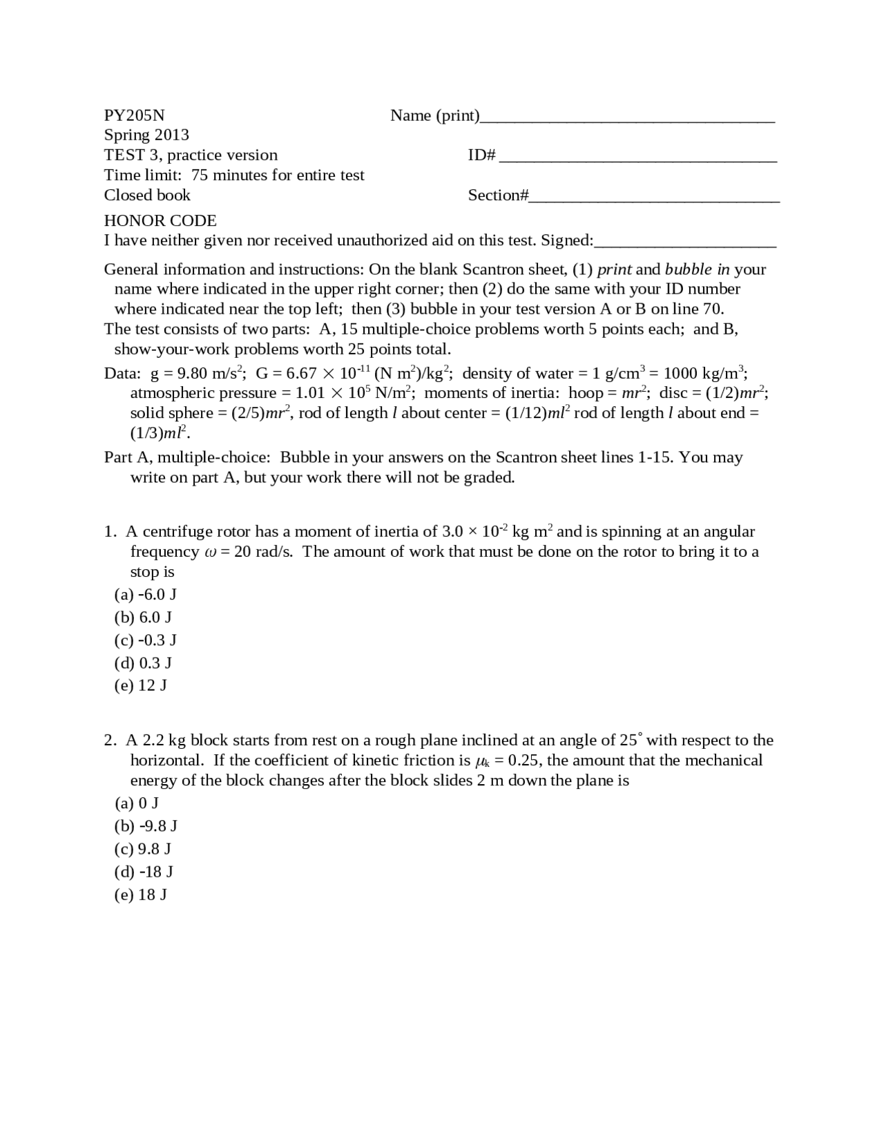 Questions on Angular Frequency - Examination 3 | PY 205N - Docsity