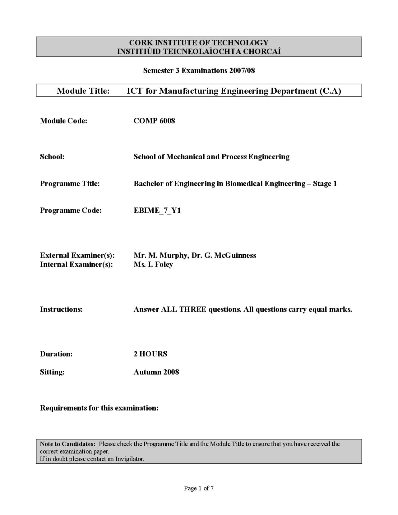 Manufacturing Facility - ICT for Manufacturing - Past Exam Paper ...