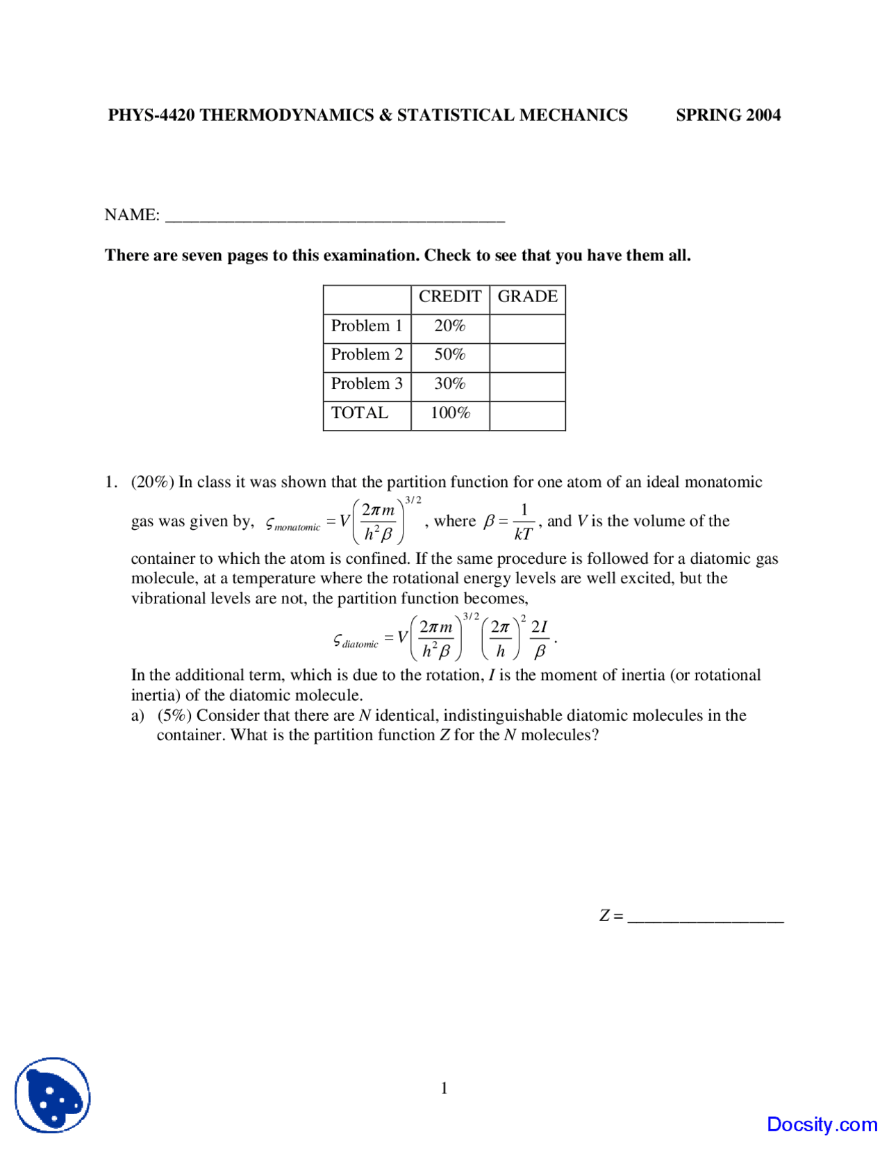 Rotational Energy Levels - Thermodynamics and Statistical Mechanics - Exam - Docsity