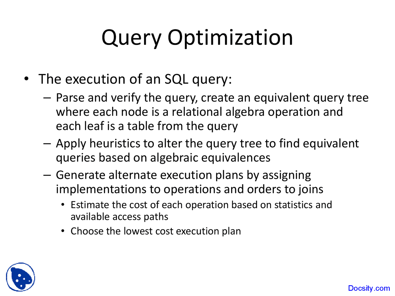 Query Optimization Data Base Management System Lecture Slides Docsity