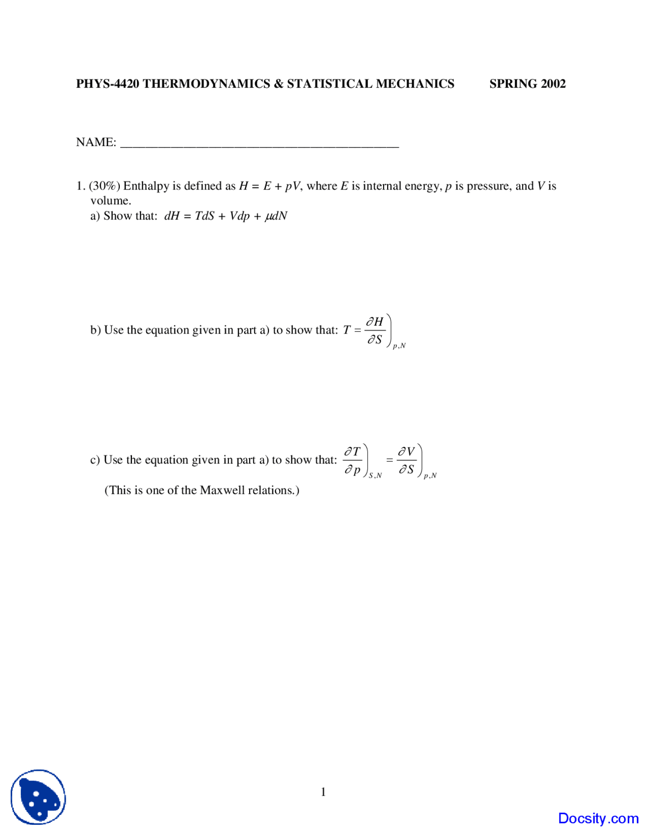 Internal Energy - Thermodynamics and Statistical Mechanics - Exam - Docsity