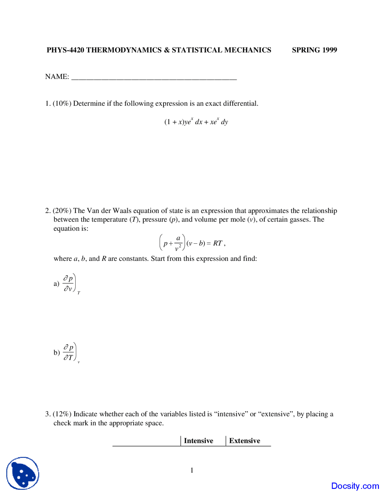 Van Der Waals Equation - Thermodynamics and Statistical Mechanics - Exam - Docsity
