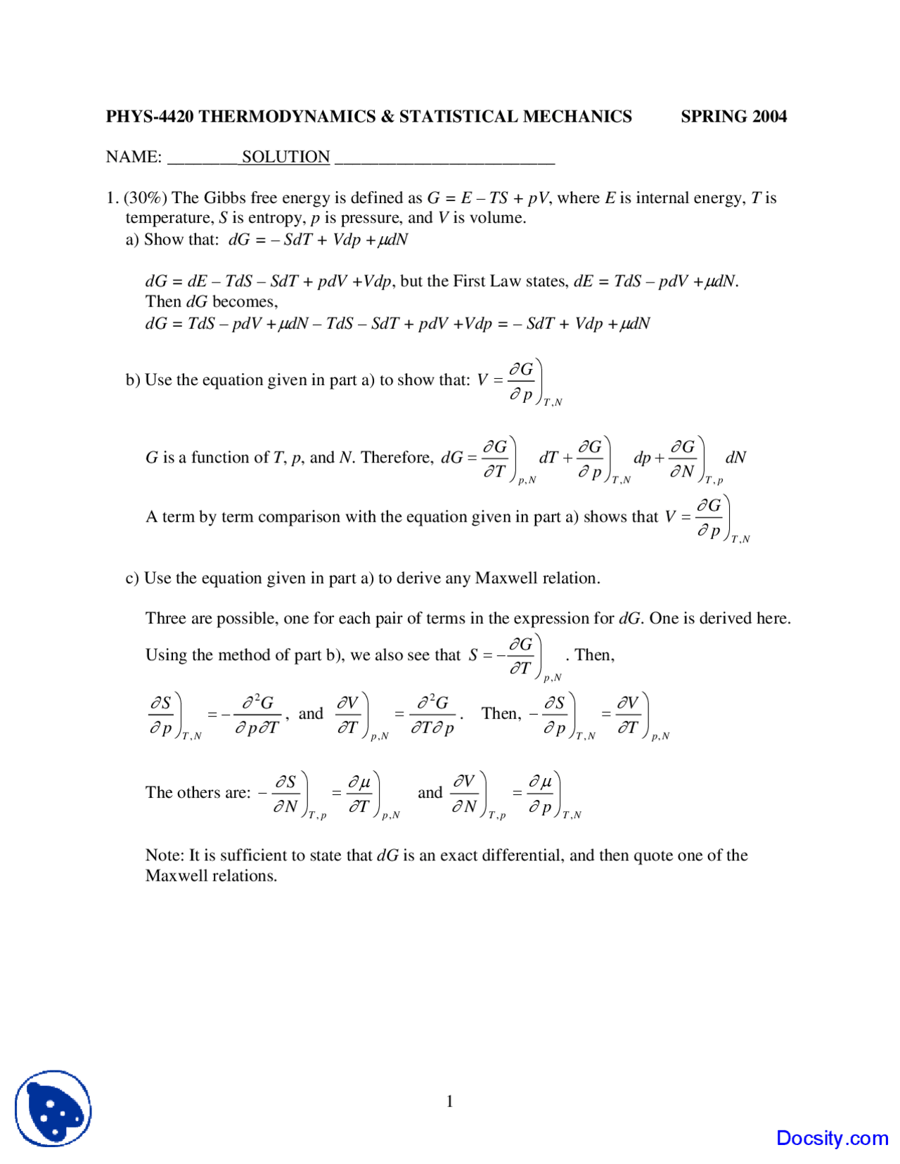 Maxwell Relation - Thermodynamics and Statistical Mechanics - Solved Exam - Docsity
