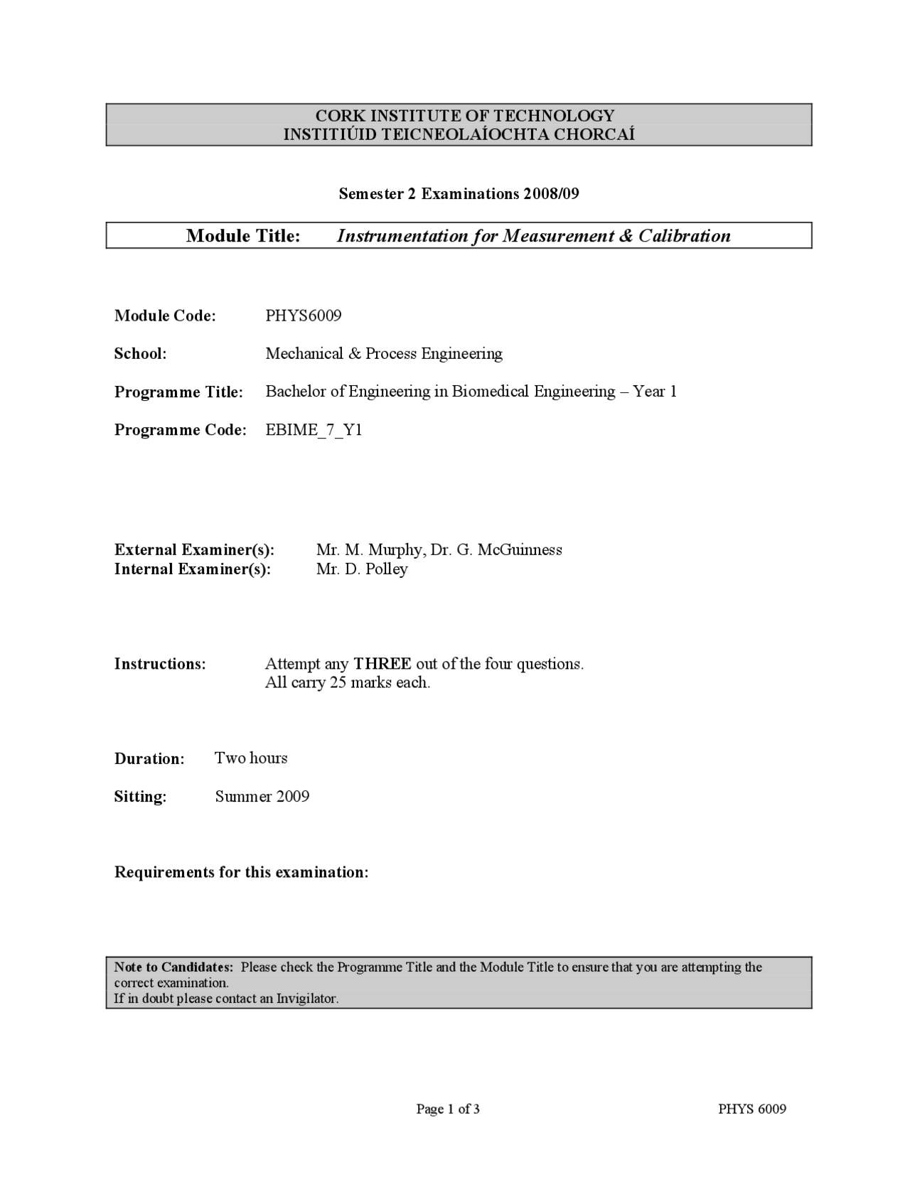 Exam Document for 'Instrumentation for Measurement & Calibration ...